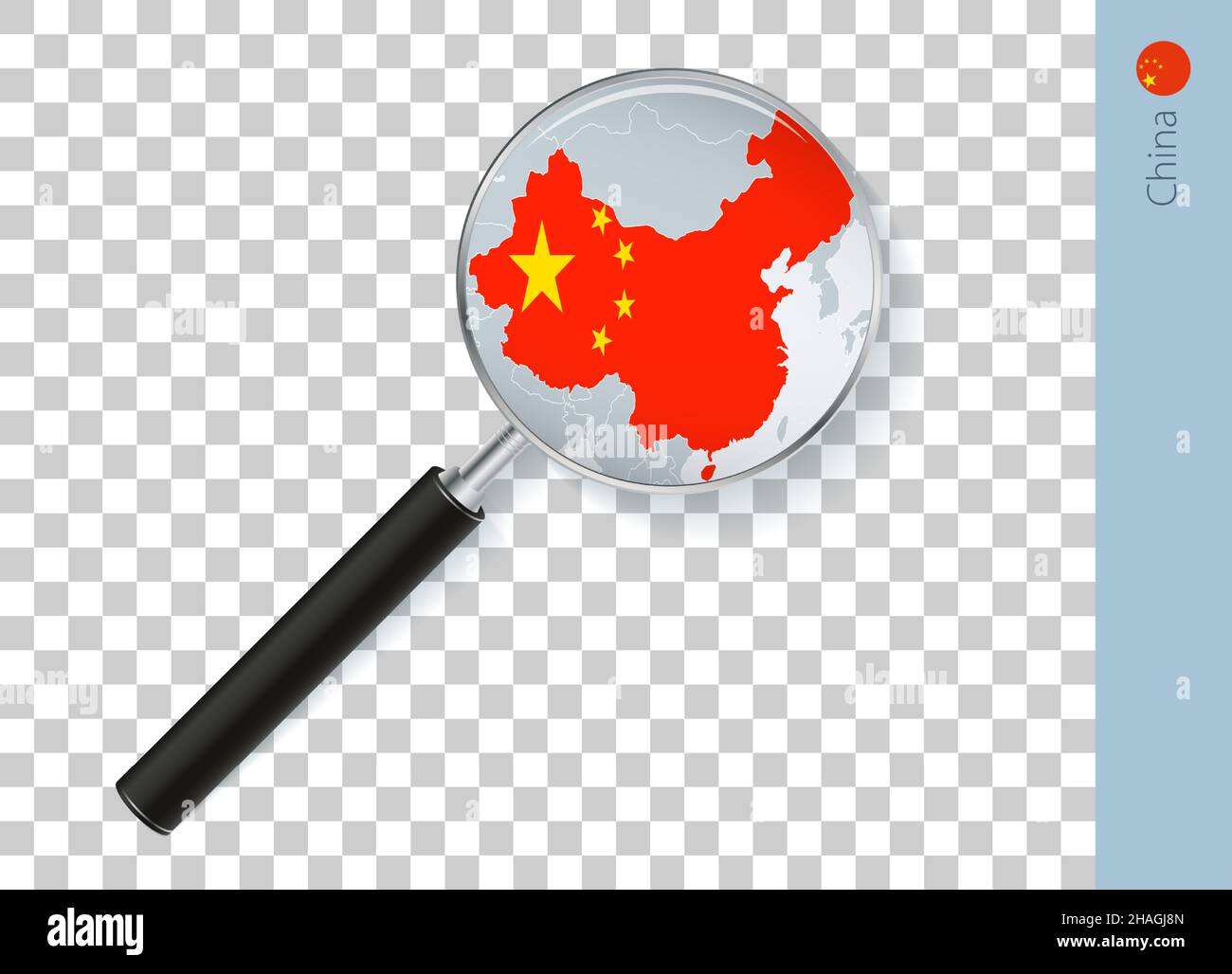 China map with flag in magnifying glass on transparent background ...