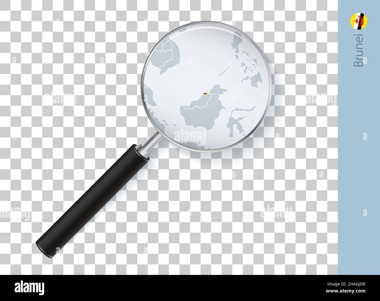 Brunei map with flag in magnifying glass on transparent background. Vector loupe with map Stock ...