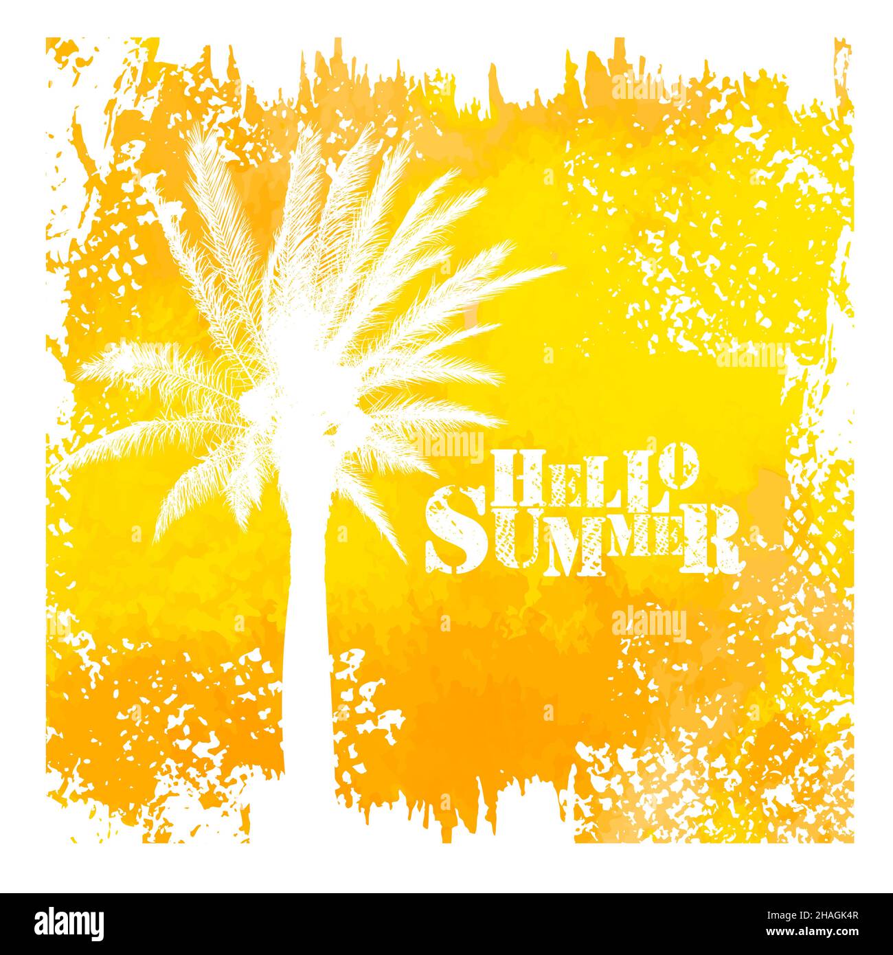 Palm tree on sunny yellow old background . Hello summer. Vector ...