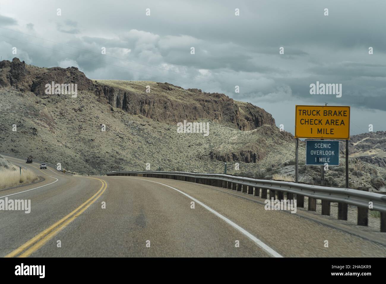 Yellow "Truck Brake Check Area" sign on the U.S. 95 highway in Southern ...