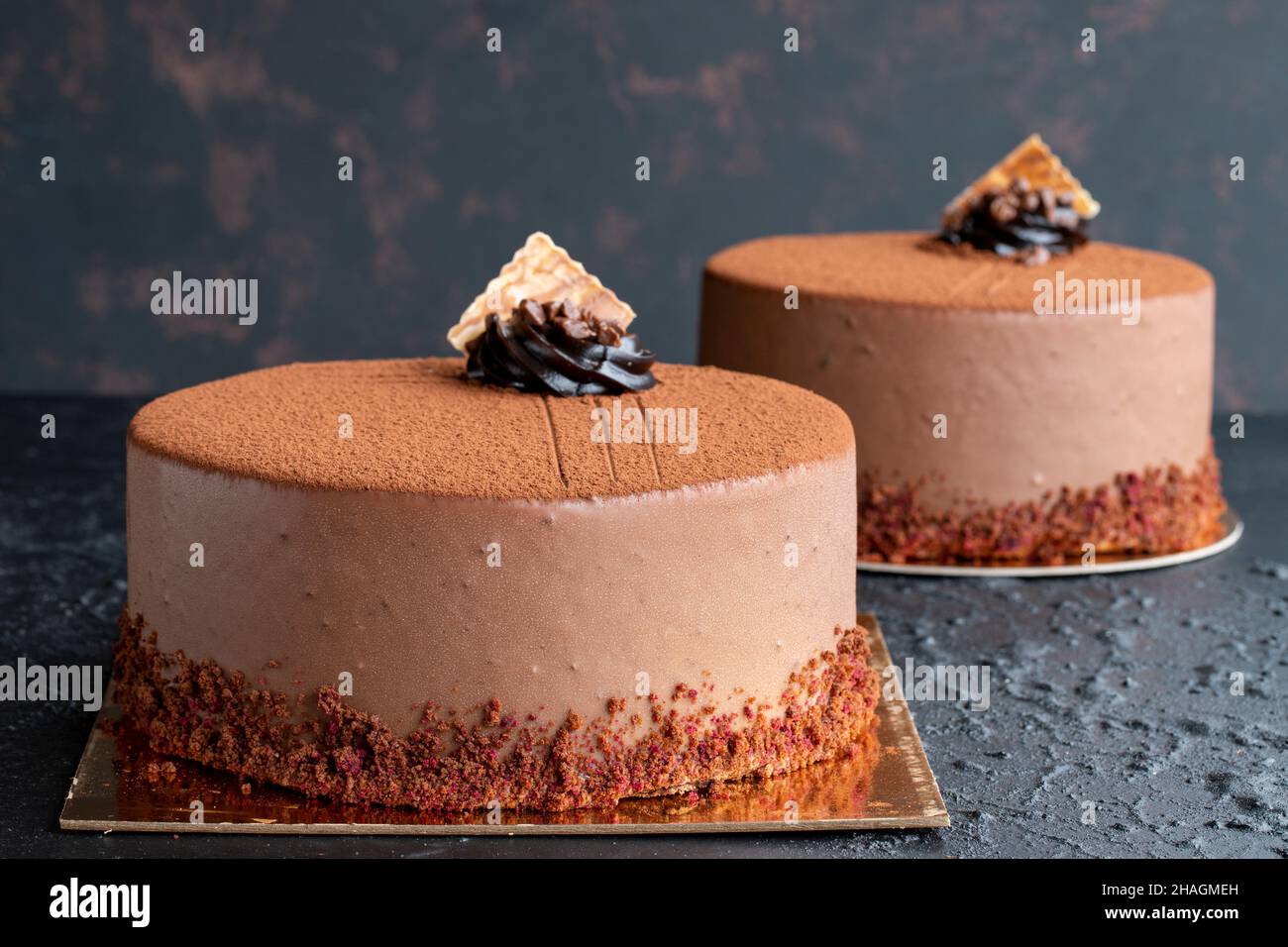 Ganache cake on dark background. Horizontal view. Close-up celebration ...