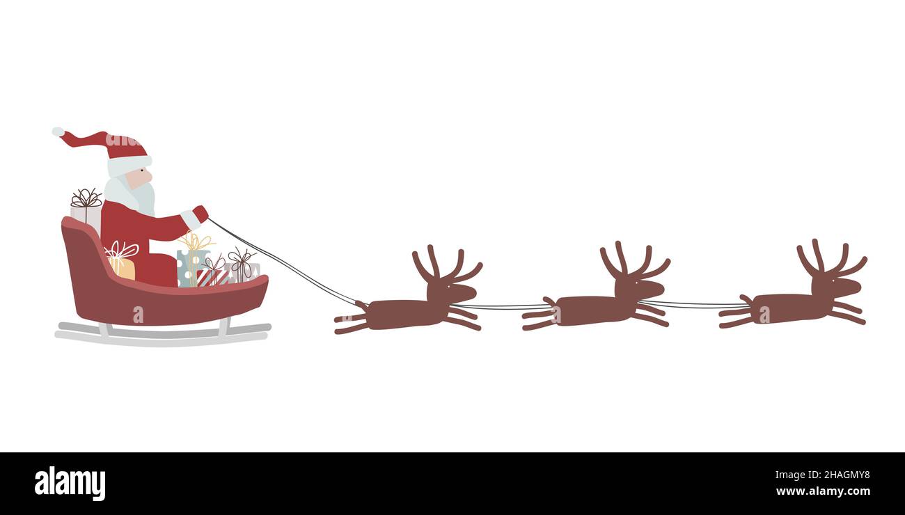 Santa Claus with gift boxes rides in a sleigh in harness on the ...