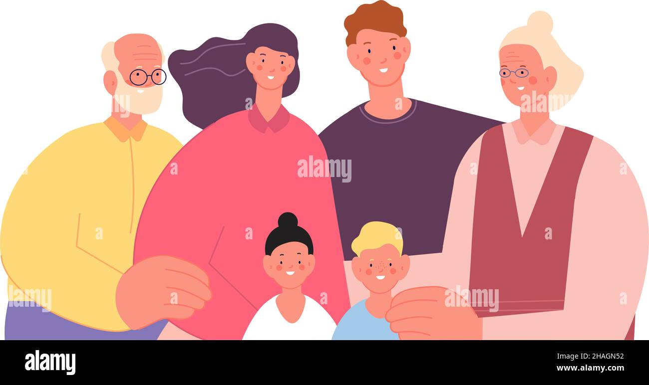 Family crowd. Protection and supporting, hug parents or child ...