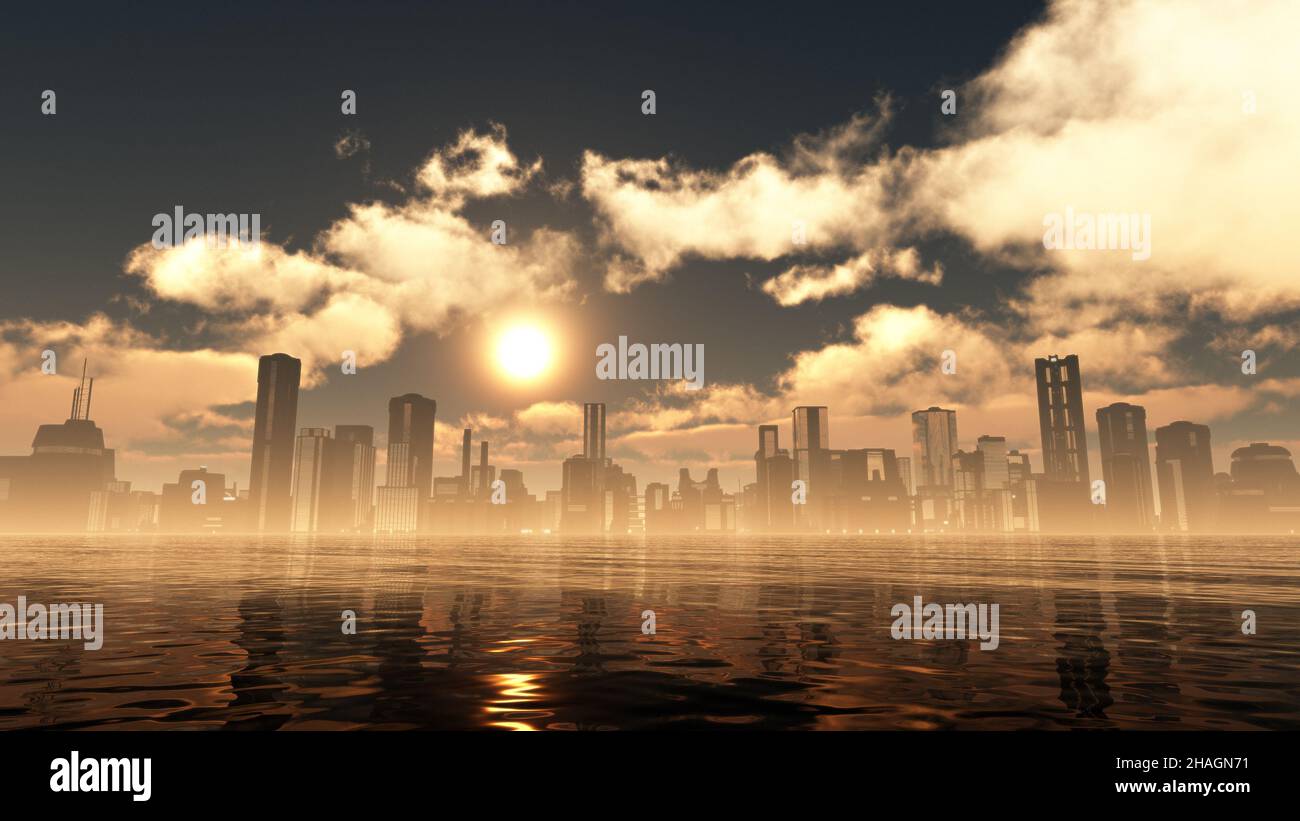 Cityscape of tall buildings under a sunset sky Stock Photo - Alamy