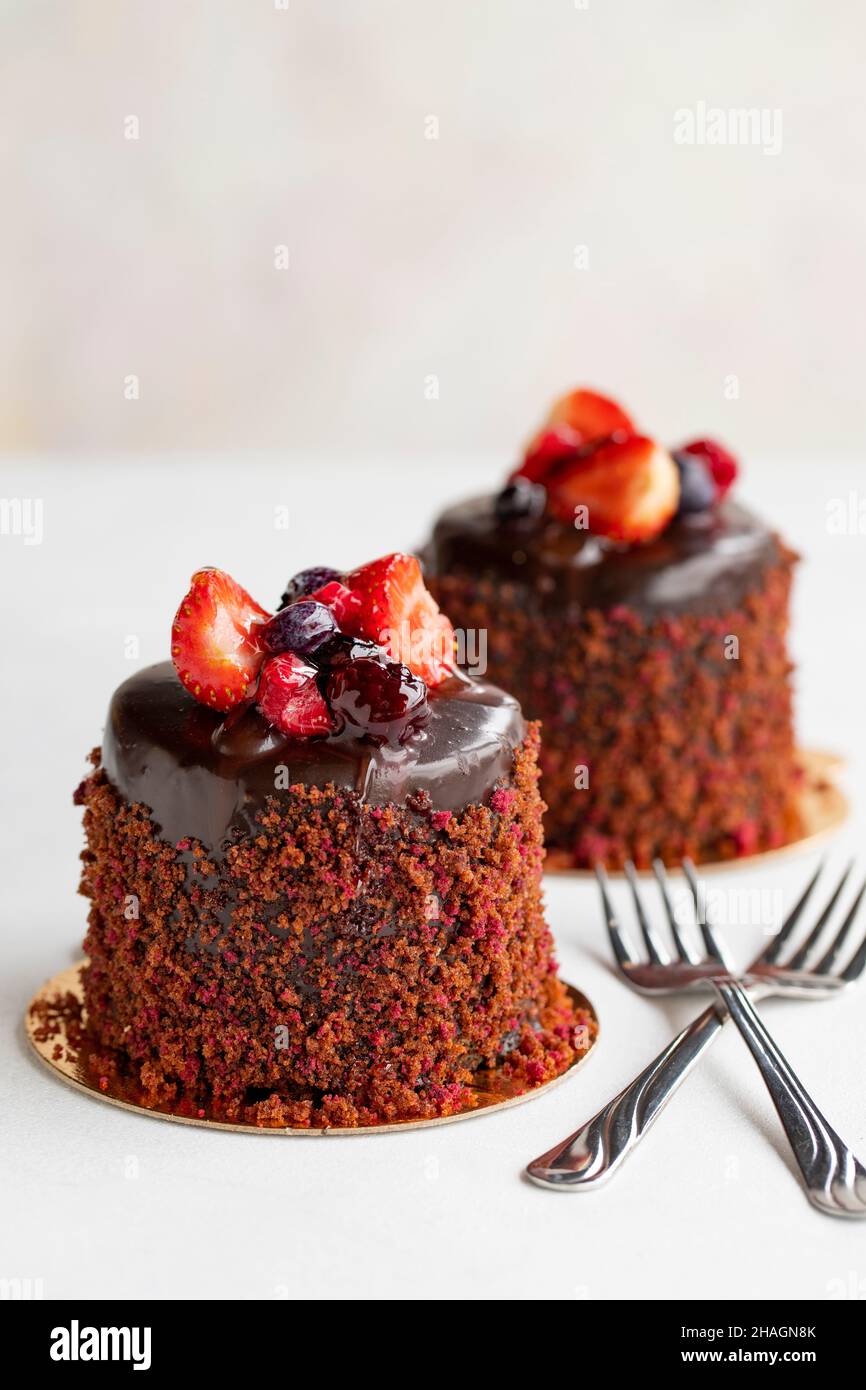 Forest fruit cake on a white background. Vertical view. Close-up ...