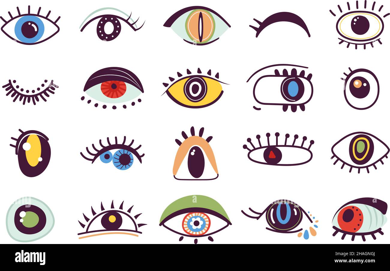 Hand drawn abstract eyes. Girly eye, ink drawing faces elements. Doodle ...