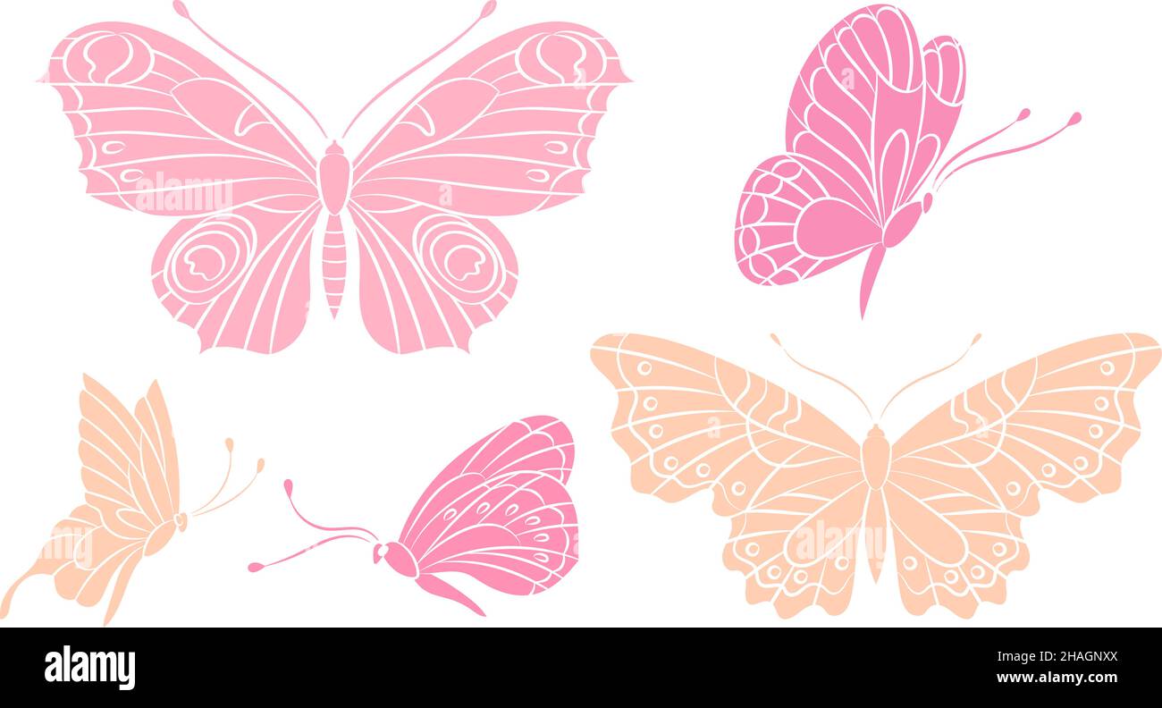 Butterfly silhouettes. Pink peach color butterflies. Isolated flying ...