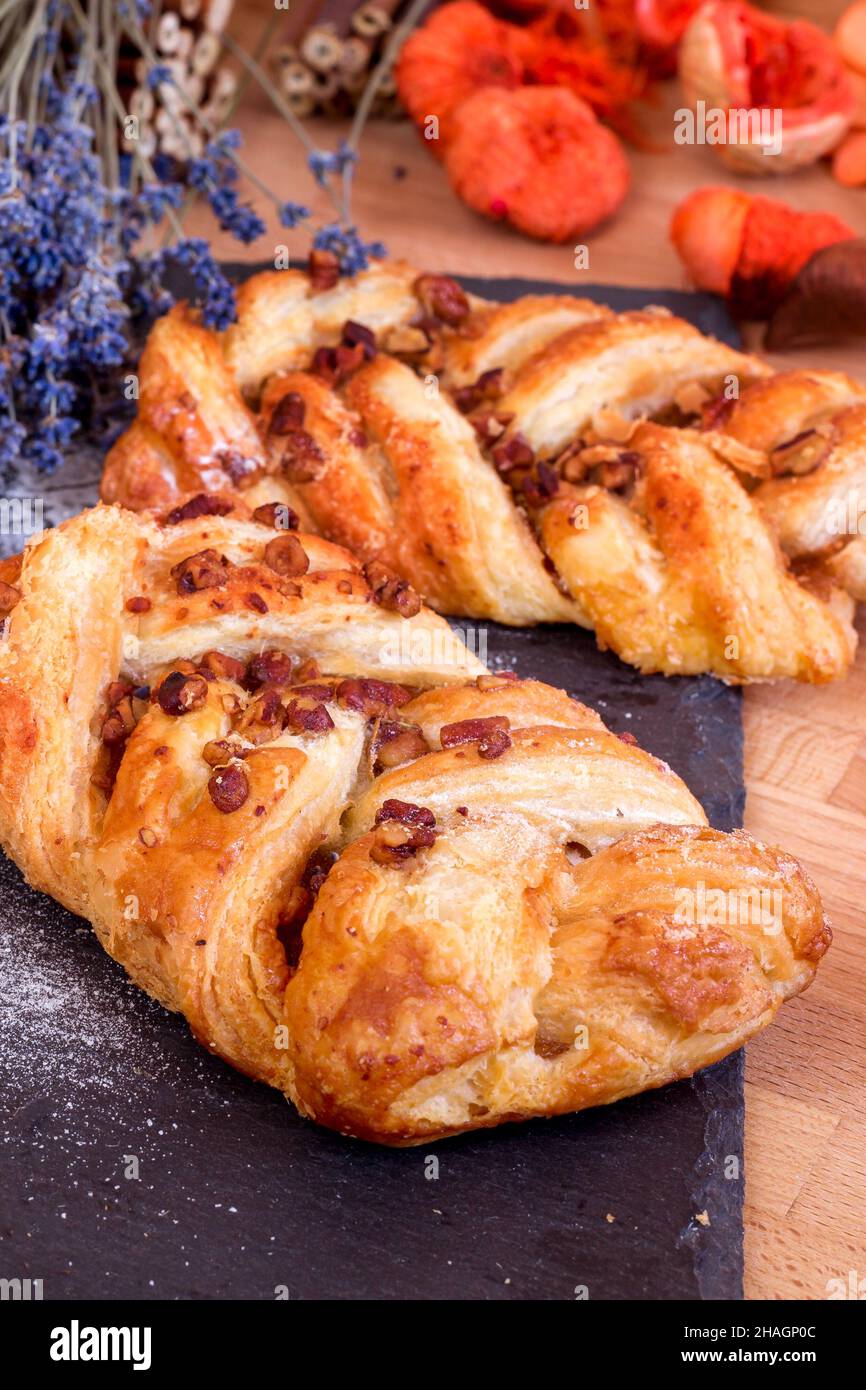Maple and pecan plait Danish pastry sweet food breakfast still life ...