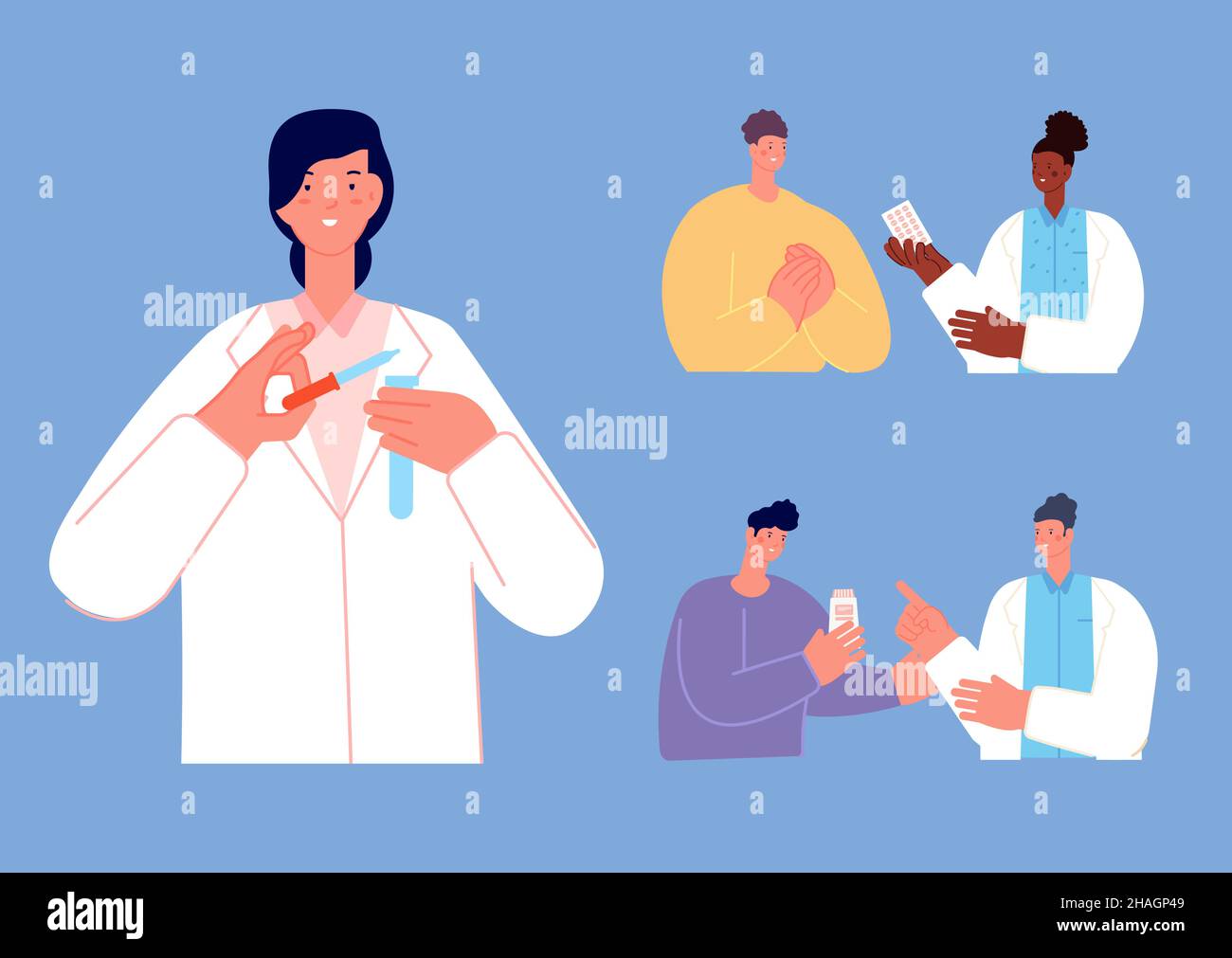 Pharmacy characters. People buy pills or medication. Medical lab ...