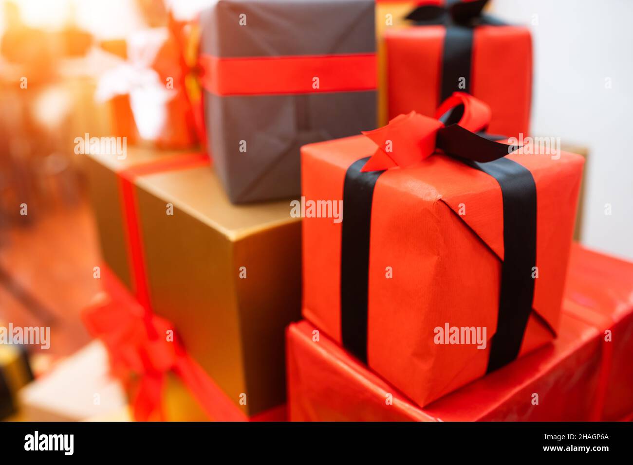 Gift boxes with ribbons of different colors Stock Photo - Alamy