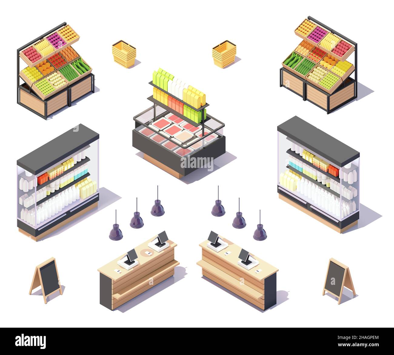 Vector isometric supermarket grocery fruits and vegetables showcase ...