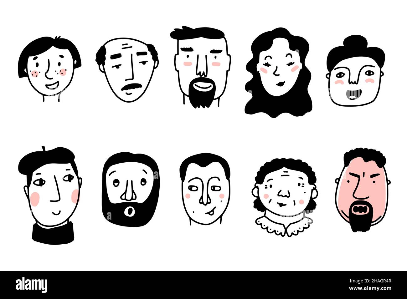 Doodle cute faces set. Hand-drawn line people with pink cheeks isolated ...