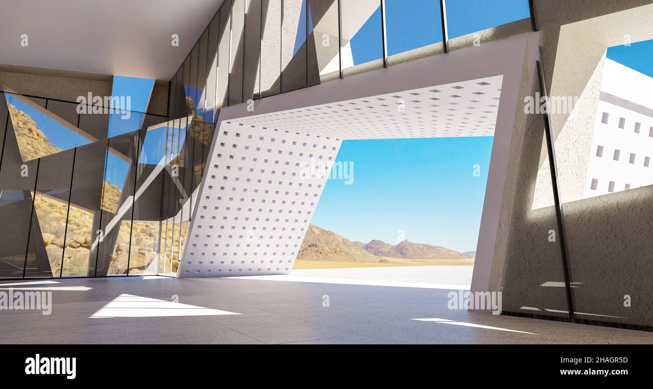 Perspective view of empty concrete floor with cement structure and ...