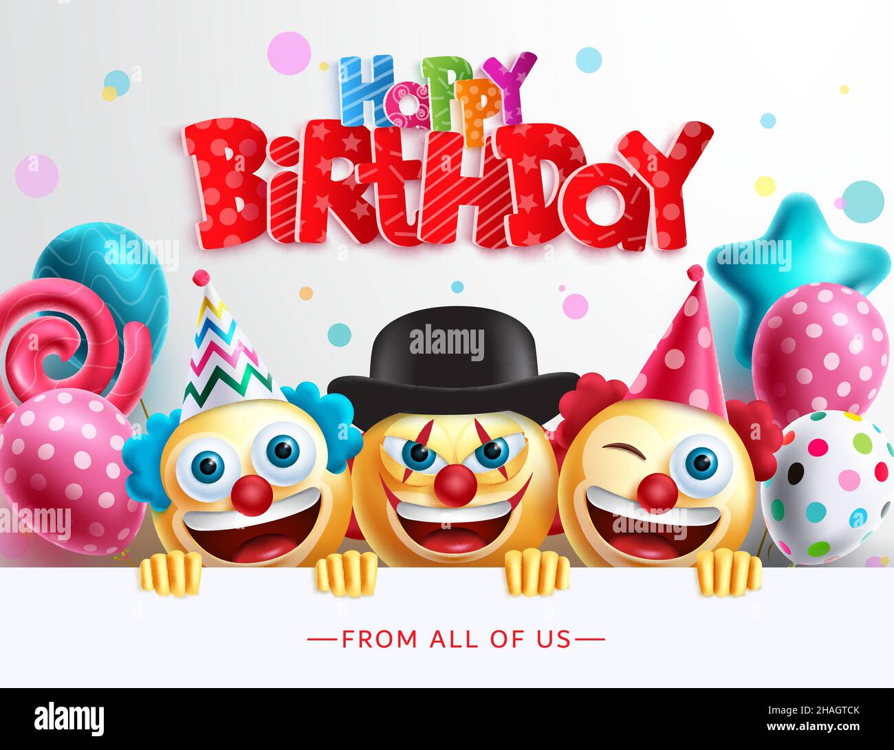 Birthday greeting clowns vector design. Happy birthday typography text ...