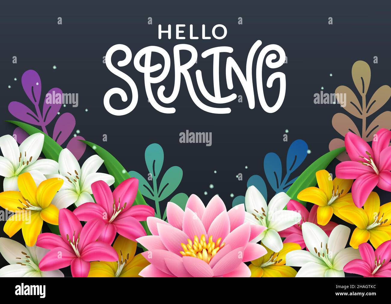 Spring flowers vector background design. Hello spring typography ...