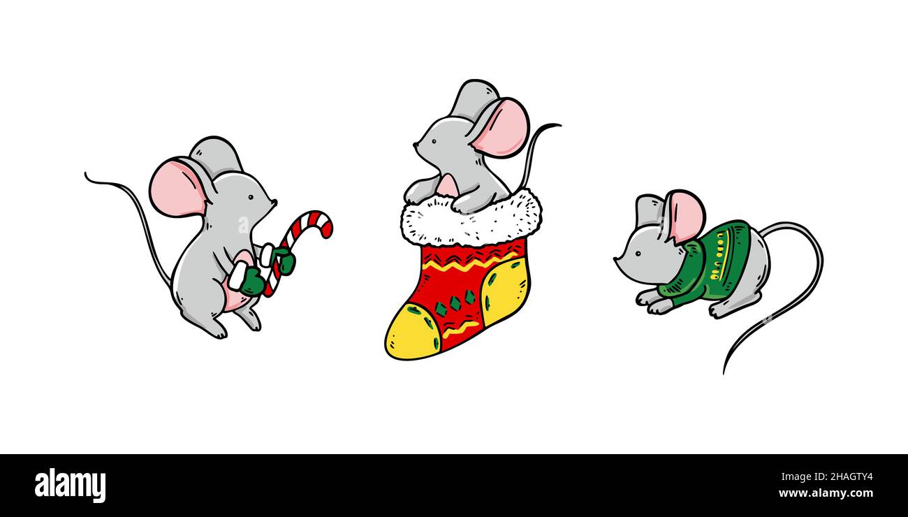 Set of hand drawn mice in Christmas style. Vector illustration Stock ...