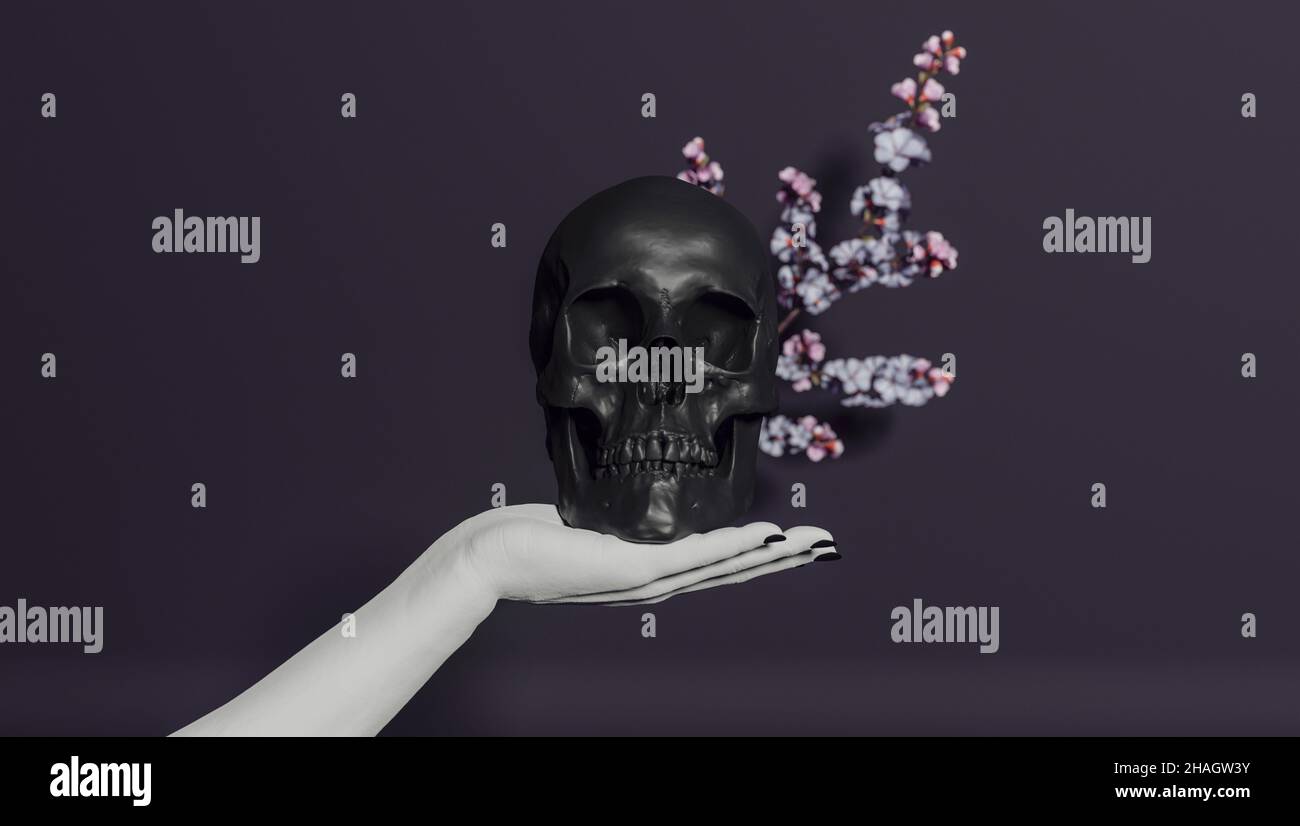 3d rendering of a skull holding a skull in the hands of a woman Stock ...
