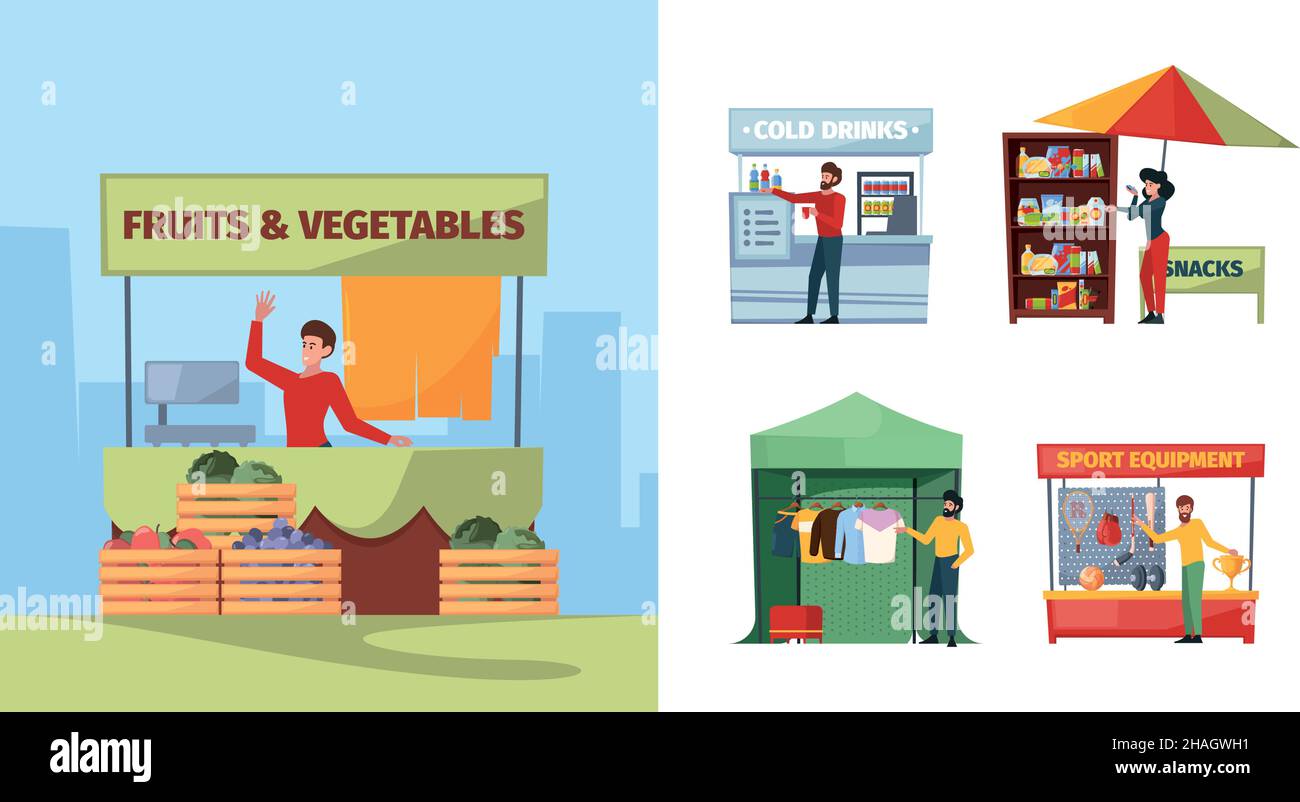 Street vendors. Marketplace people selling products on street urban ...