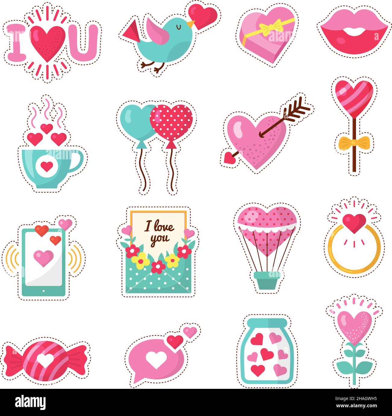 Love stickers. Romantic emblems valentine day symbols heart rose ...