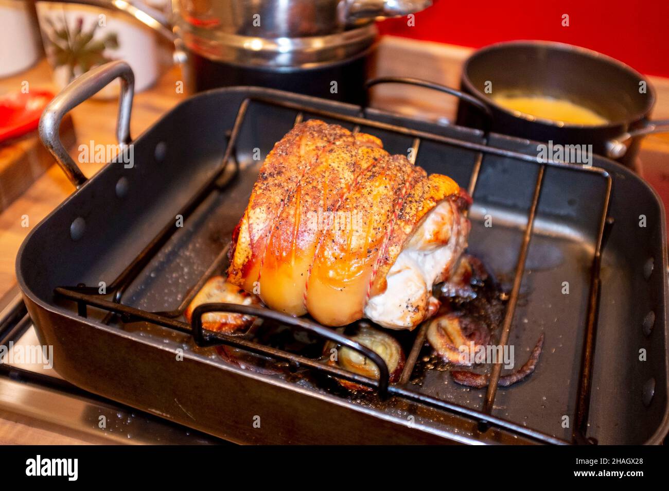 Roast Pork joint with crackling Photograph taken by Simon Dack Stock ...