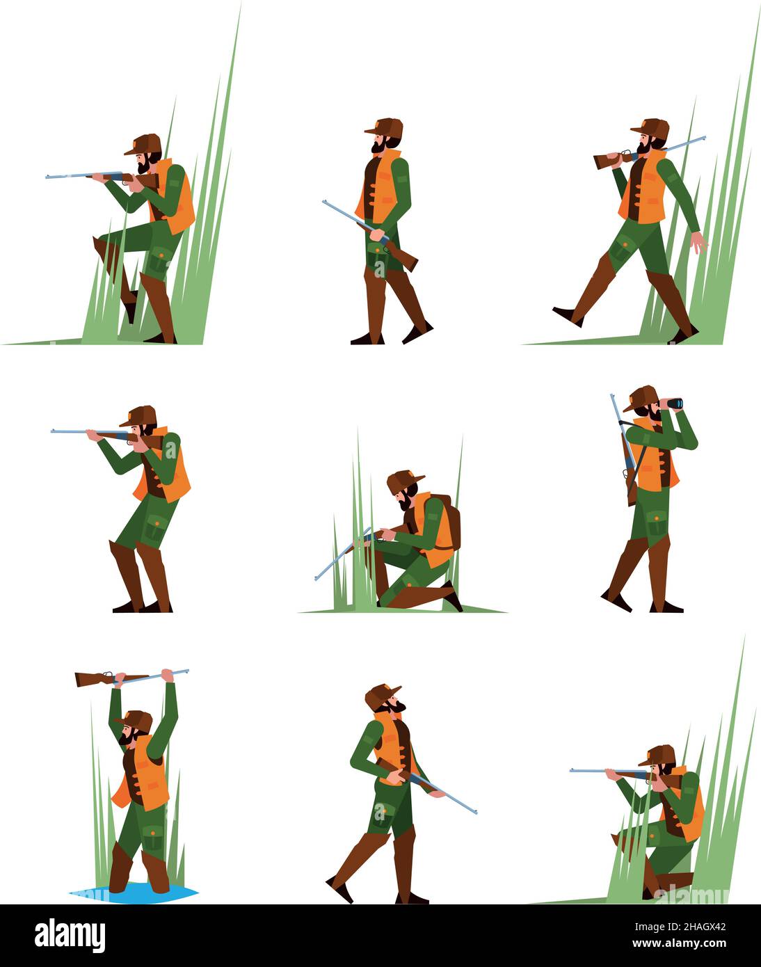 Hunter with rifle. Shotgun man hunting standing in action poses holding ...