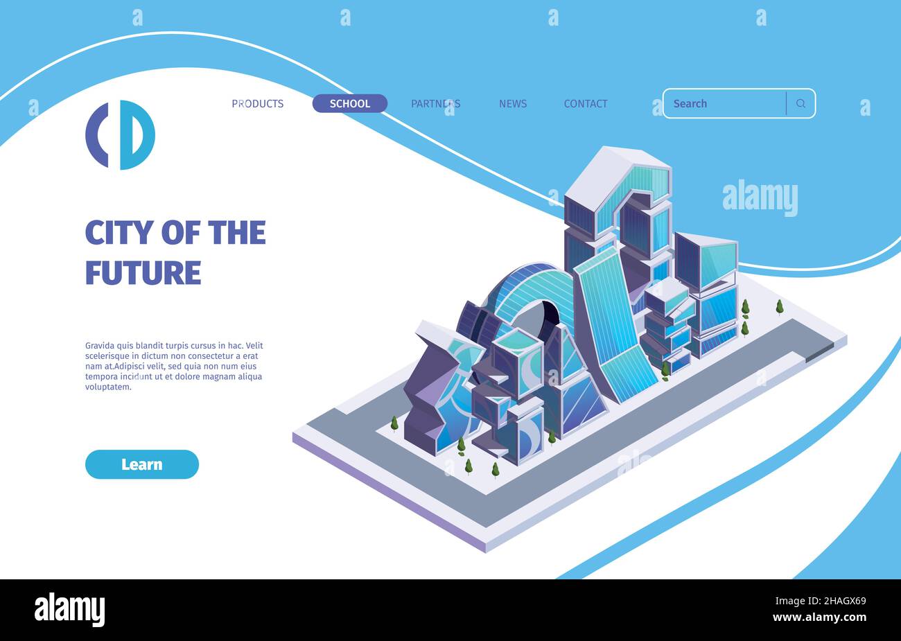 Smart city landing. Futuristic buildings with transparent glass walls ...