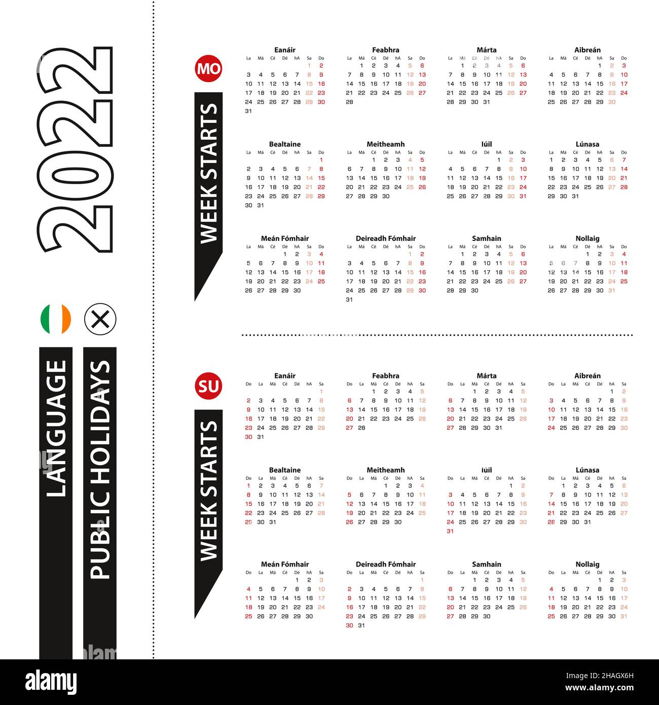 Two versions of 2022 calendar in Irish, week starts from Monday and ...