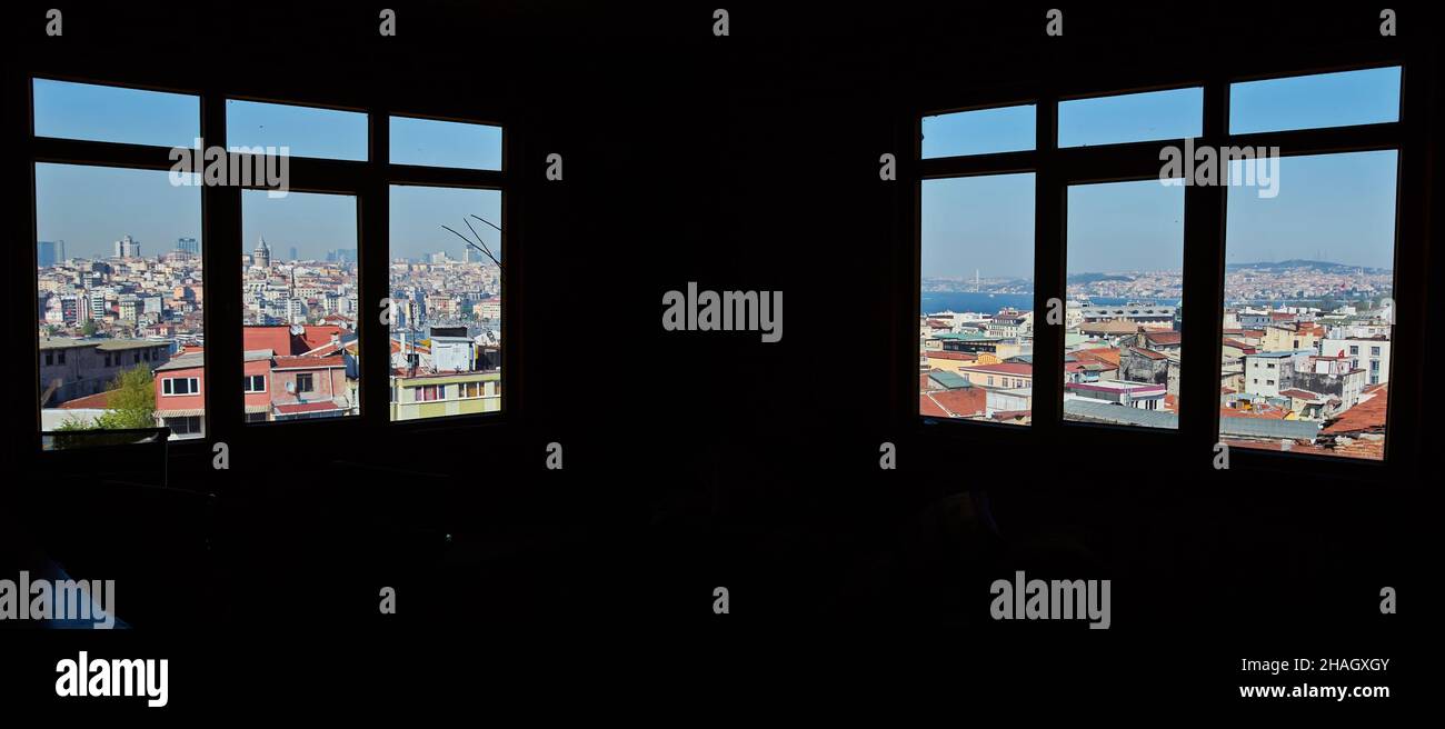 Istanbul panorama from window of empty building. Group of seagulls ...