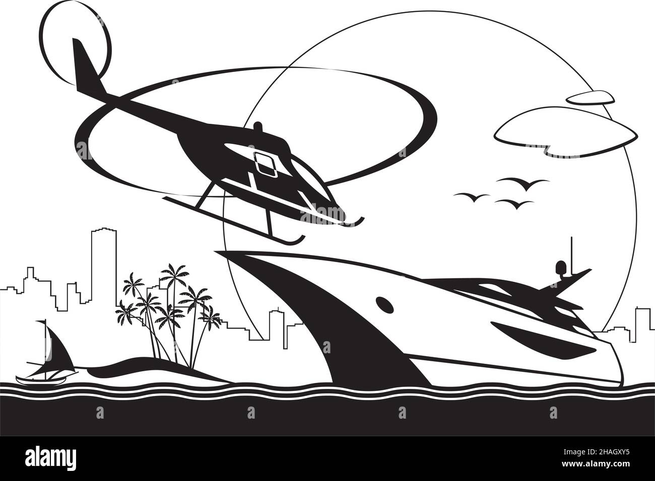 Helicopter landing on yacht near the coast – vector illustration Stock ...