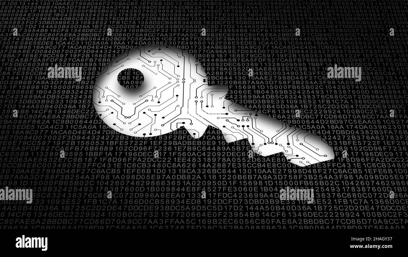 Security concept - stylized key cut out of digital surface - 3D ...