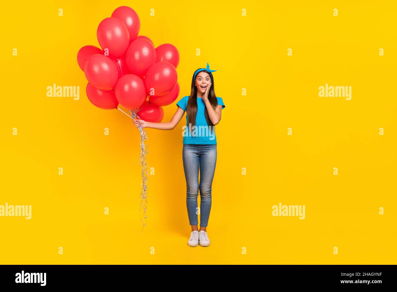 Full body photo of young pretty girl excited unexpected hold many ...