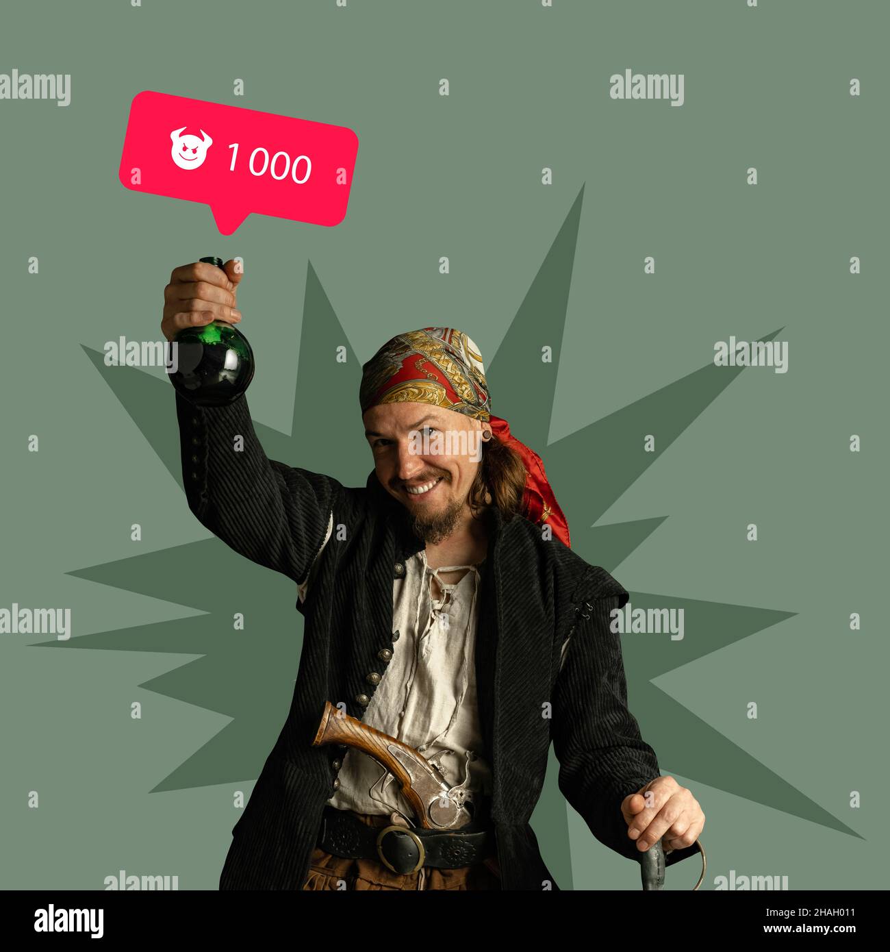 Contemporary art collage of man in character of pirate celebrating one ...