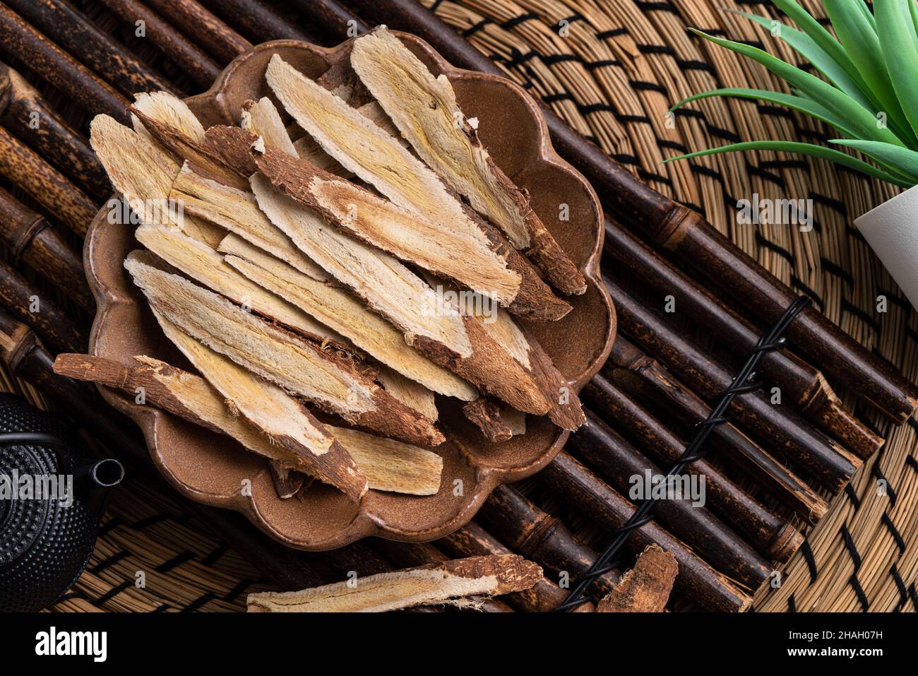 Top view of Chinese traditional herbal medicine Astragalus root on ...