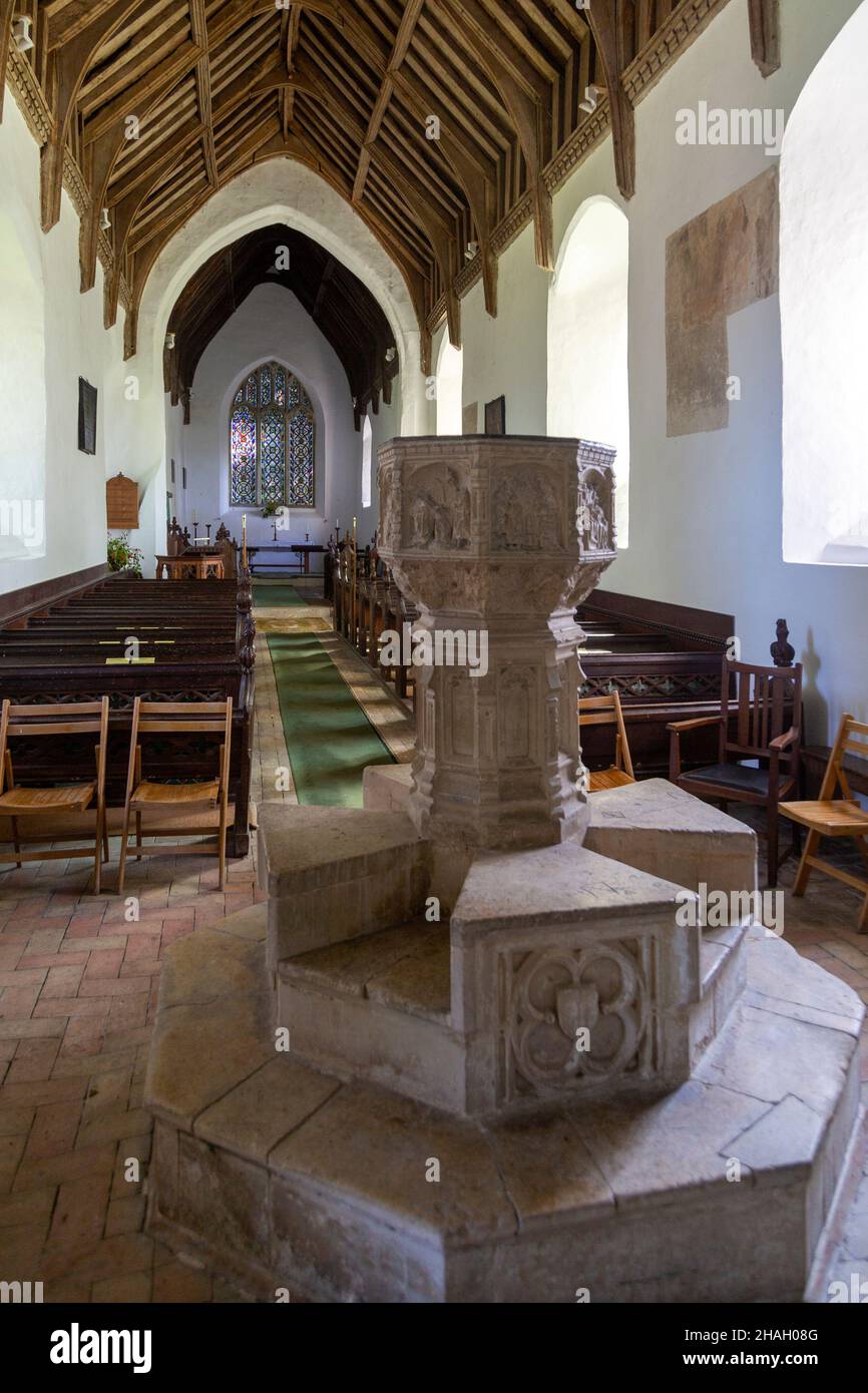 Interior of church view from baptismal font to altar and east window ...