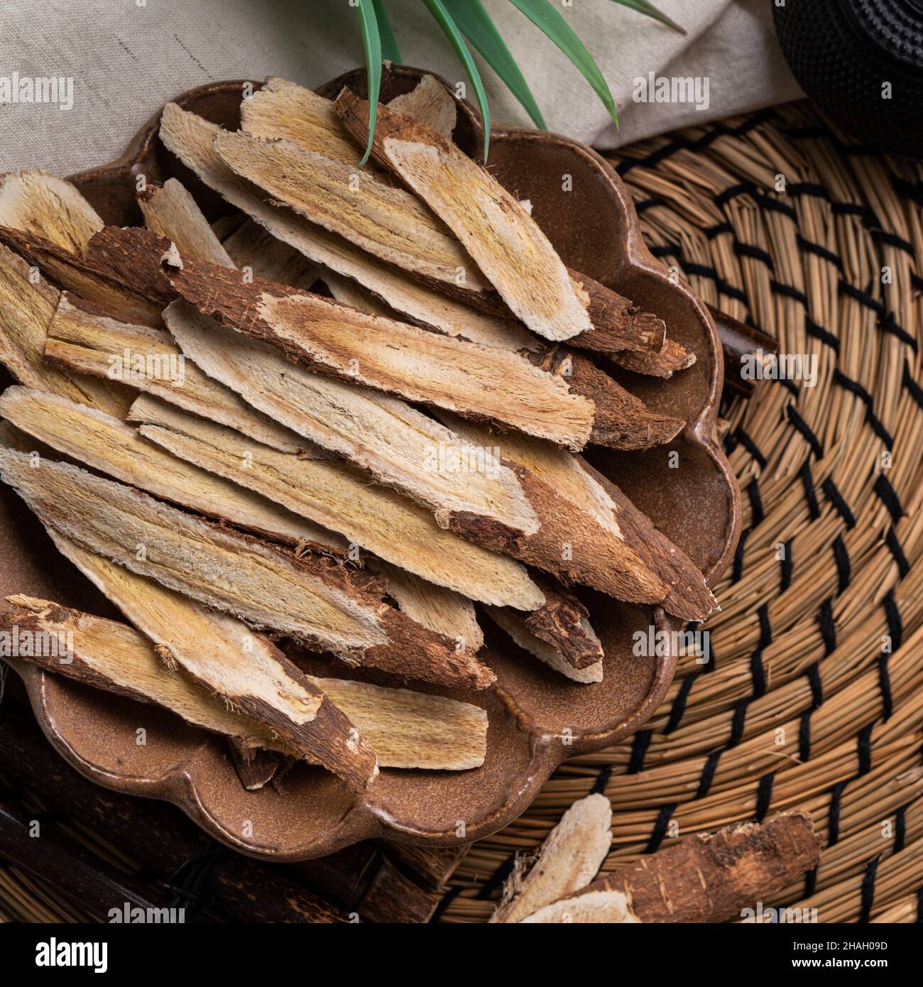 Top view of Chinese traditional herbal medicine Astragalus root on ...