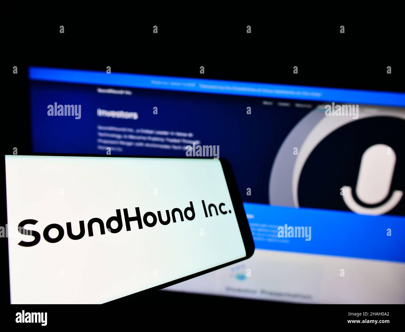 Mobile phone with logo of US audio recognition company SoundHound Inc ...