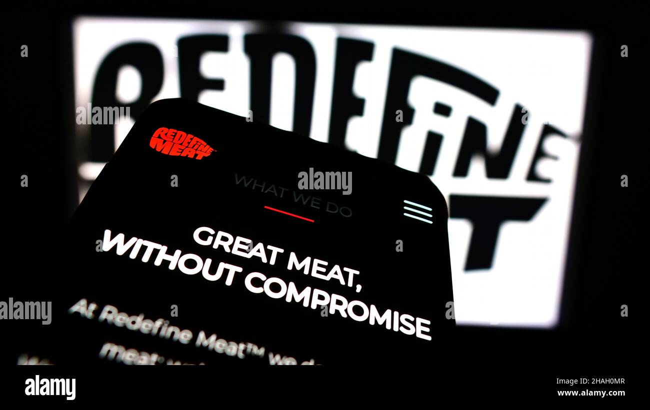 Smartphone with website of Israeli cultured meat company Redefine Meat ...
