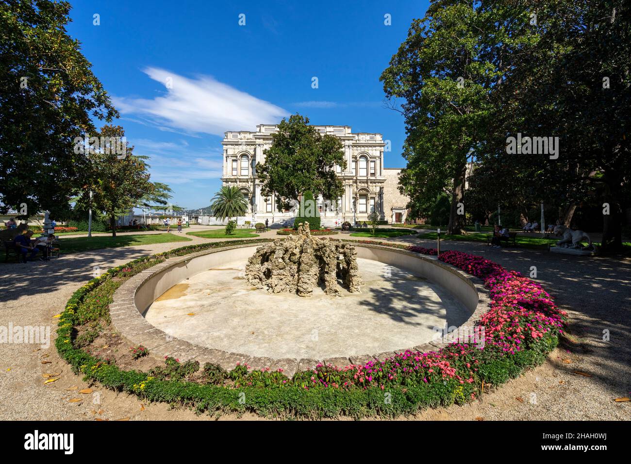 Garden view of Beylerbeyi Palace on a sunny day. Beylerbeyi Palace is ...