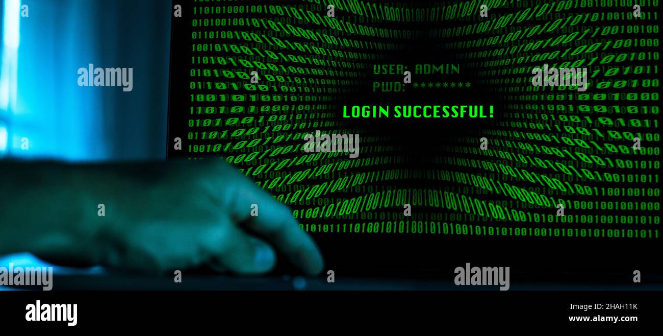 Hand typing on a laptop keyboard green numbers on display. Successful login with credentials ...