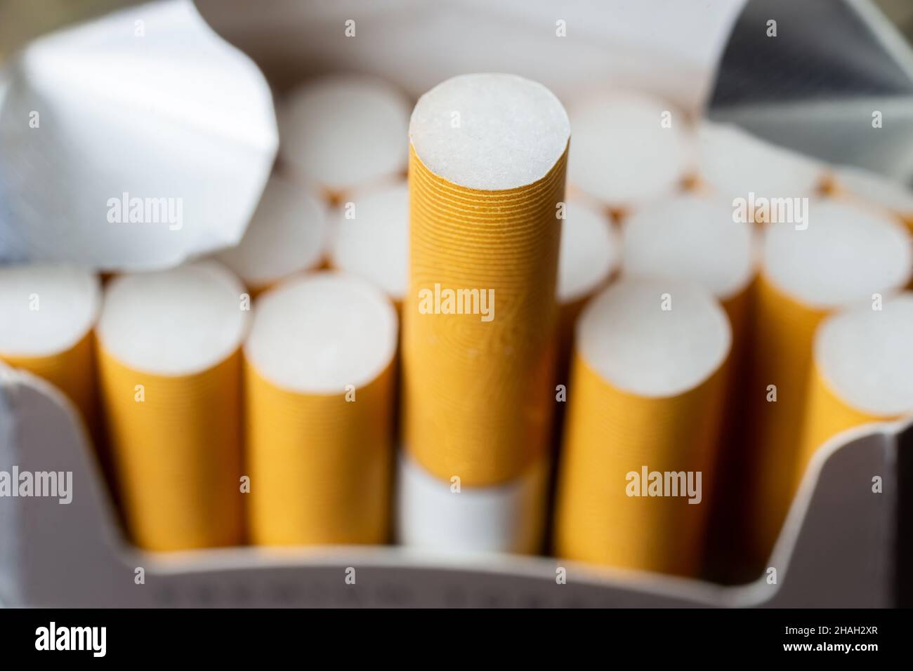 Close up cigarette in pack is addictive to be cancer.smoking reduction ...