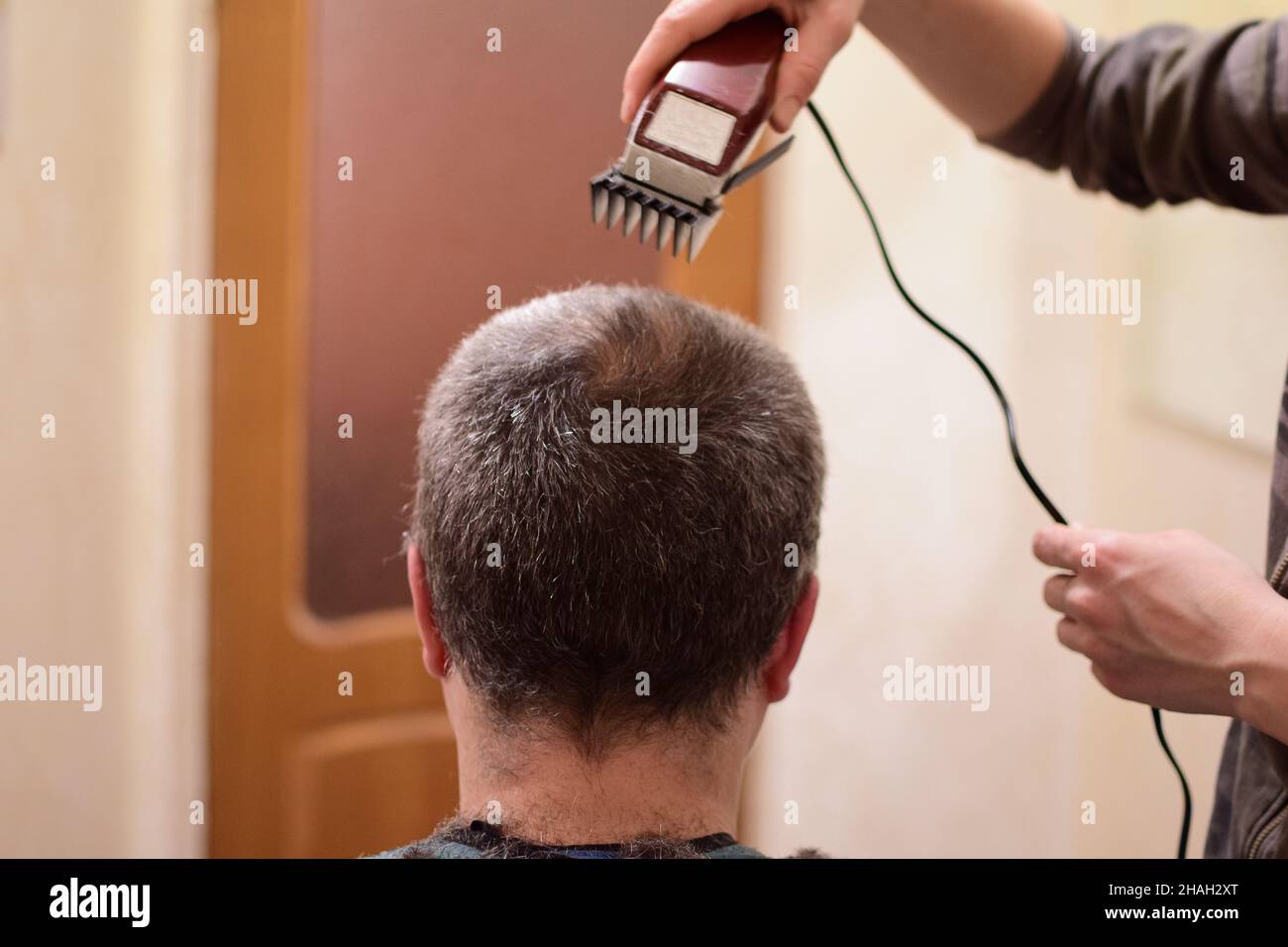 A grown man is trimmed with a clipper and sits with his back to the ...