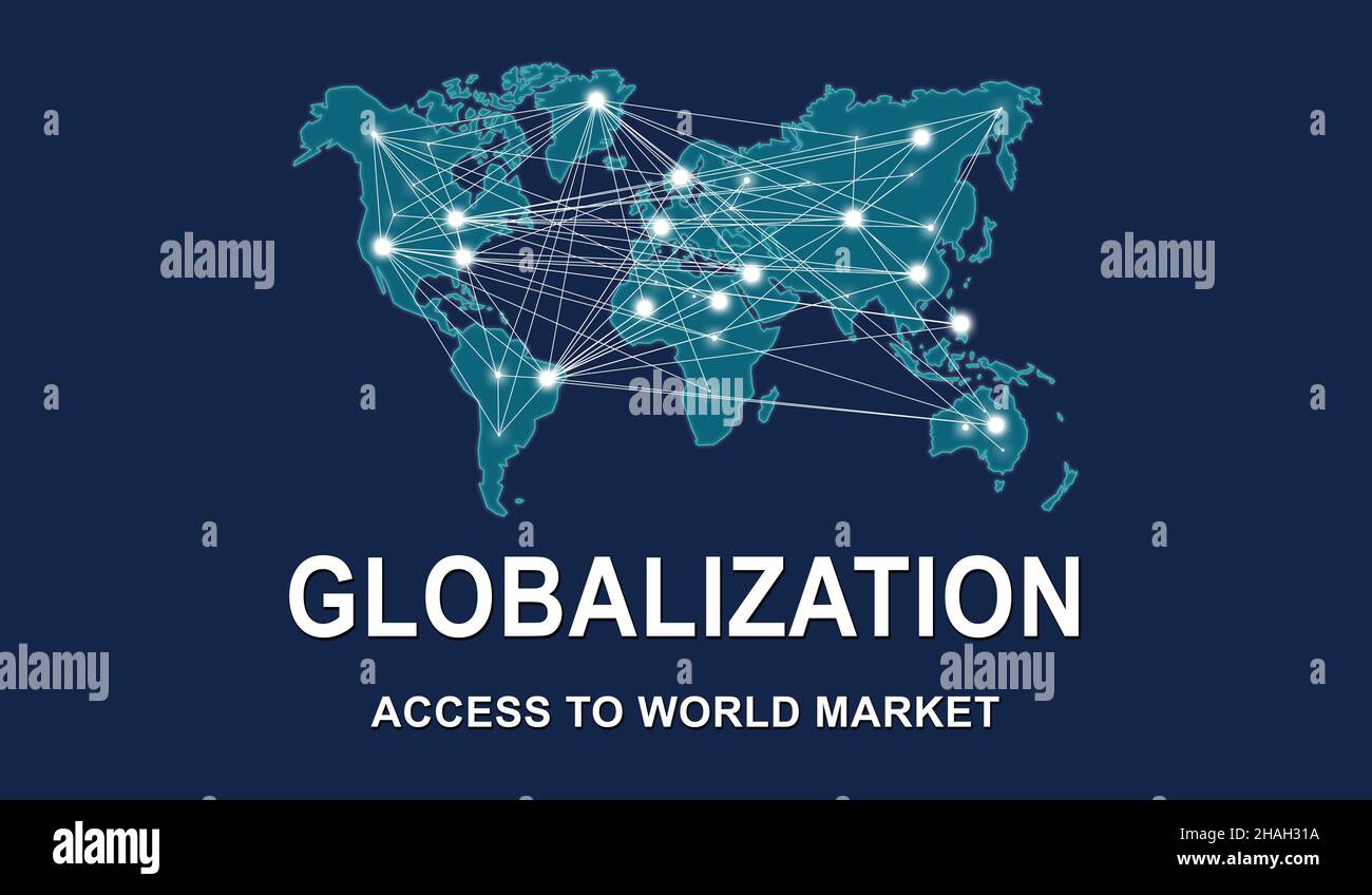Globalization concept with world map on blue background Stock Photo - Alamy