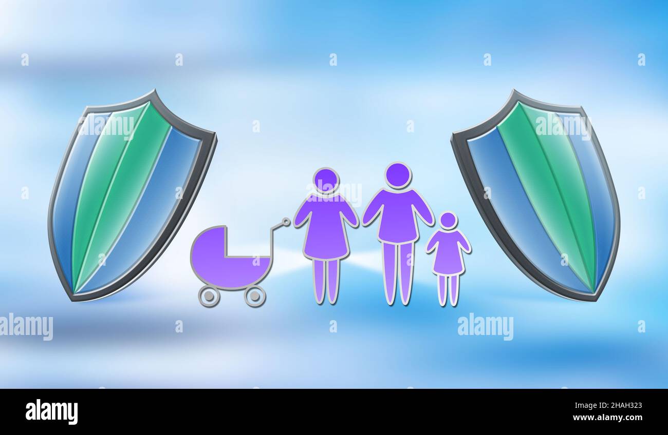 Family between shields, life insurance concept Stock Photo - Alamy
