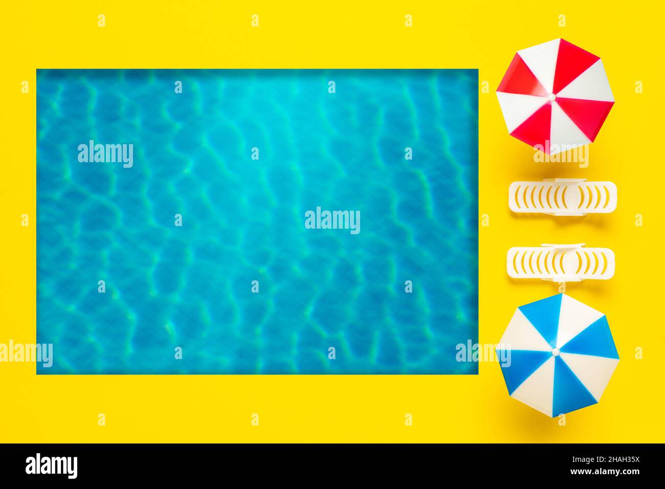 Summer scene with swimming pool, sun umbrella and sunbed. Minimal ...