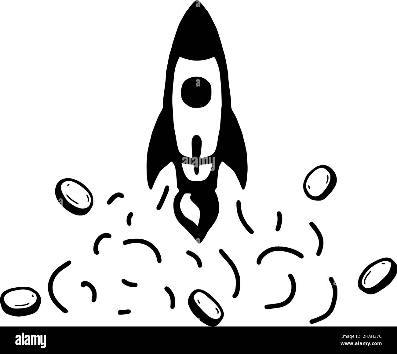 Rocket launch and coins doodle icon. Business startup concept. Vector ...