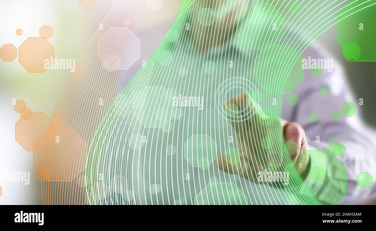 Man touching a virtual technology concept on a touch screen with his ...