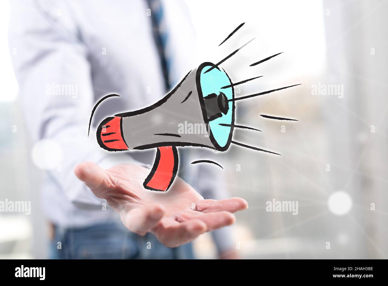 Communication concept above the hand of a man in background Stock Photo ...