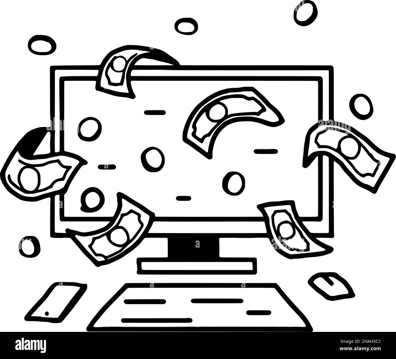 Computer monitor and money doodle illustration. Vector illustration ...