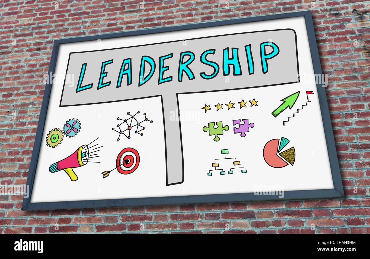 Leadership concept drawn on a billboard fixed on a brick wall Stock ...