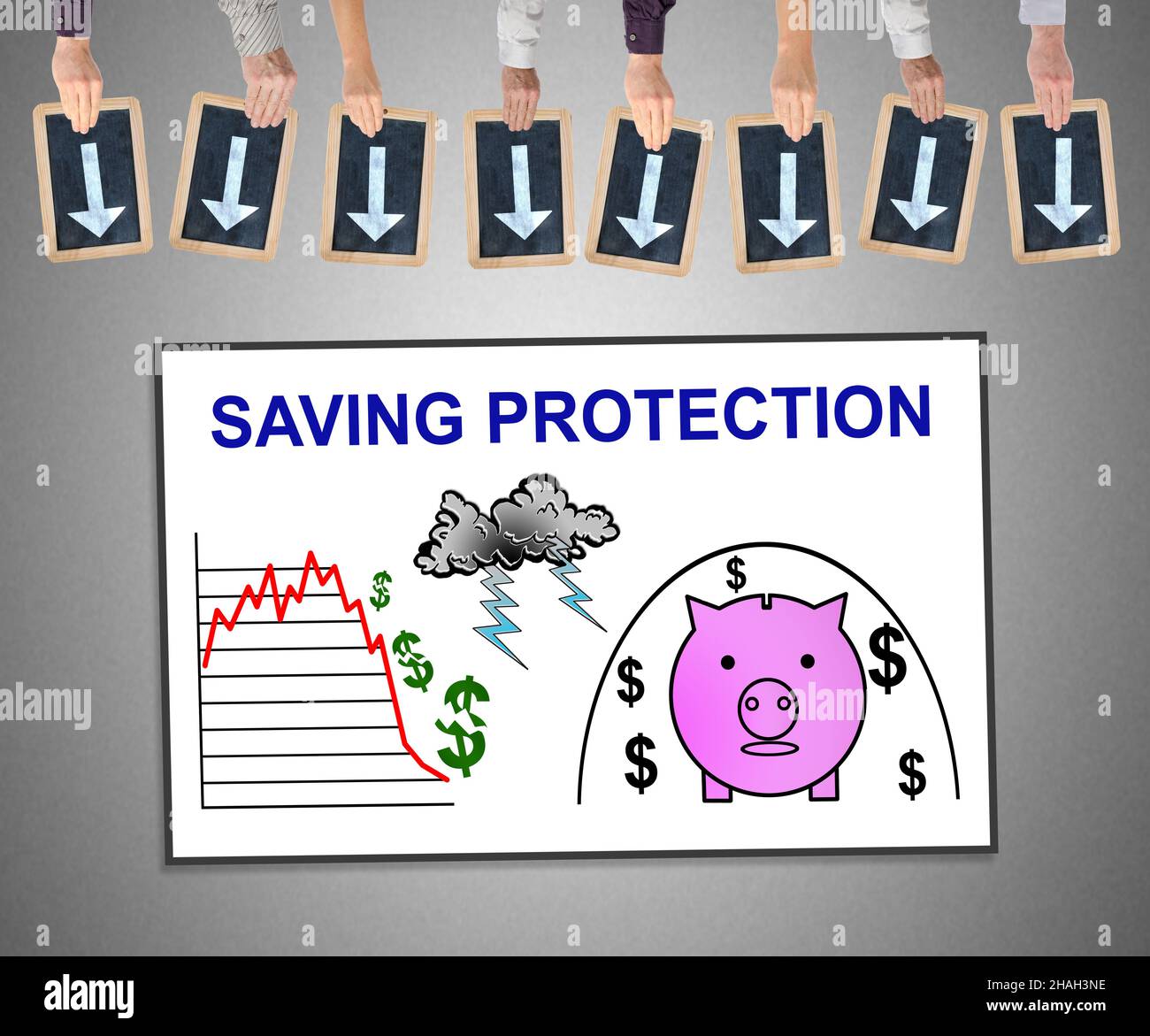 Hands holding writing slates with arrows pointing on saving protection ...